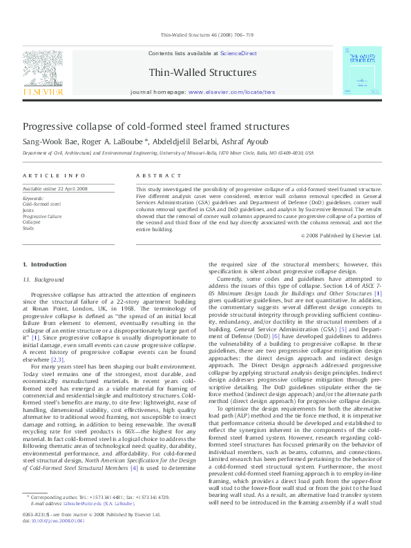 (PDF) Progressive collapse of cold-formed steel framed structures