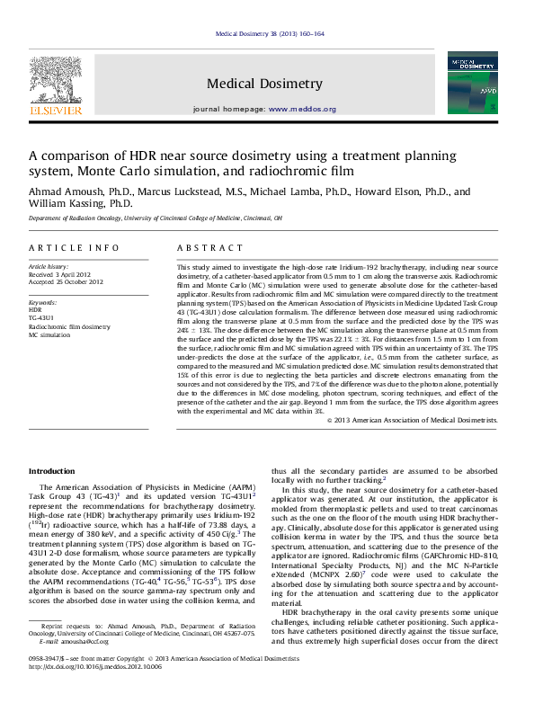 (PDF) A comparison of HDR near source dosimetry using a treatment planning system, Monte Carlo ...