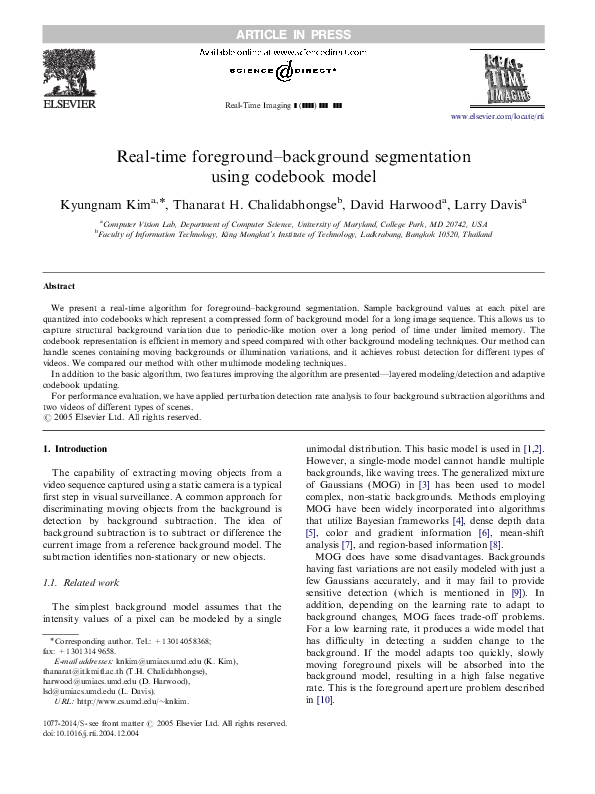 Pdf Real Time Foreground Background Segmentation Using Codebook Model
