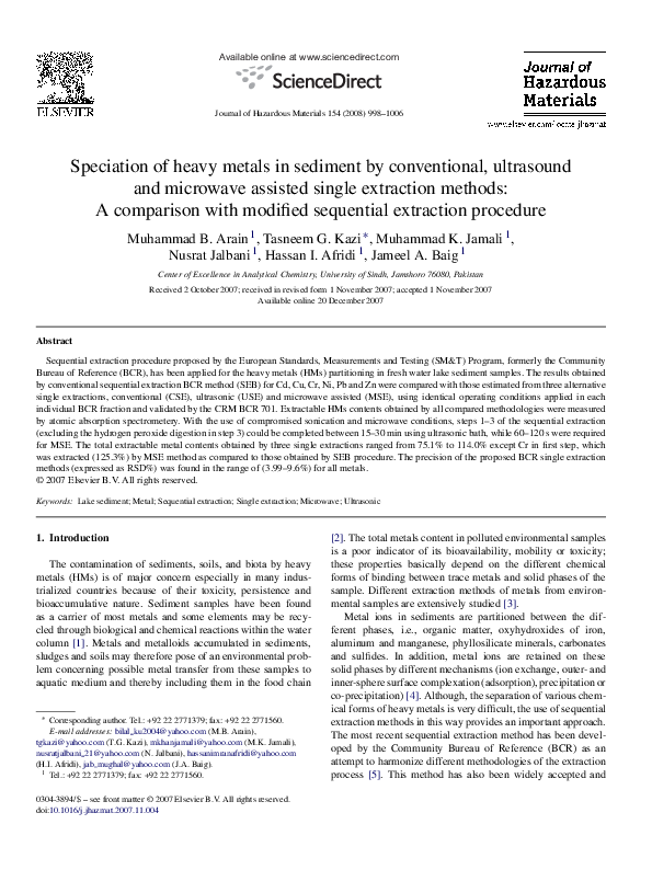 (PDF) Speciation of heavy metals in sediment by conventional, ultrasound and microwave assisted ...