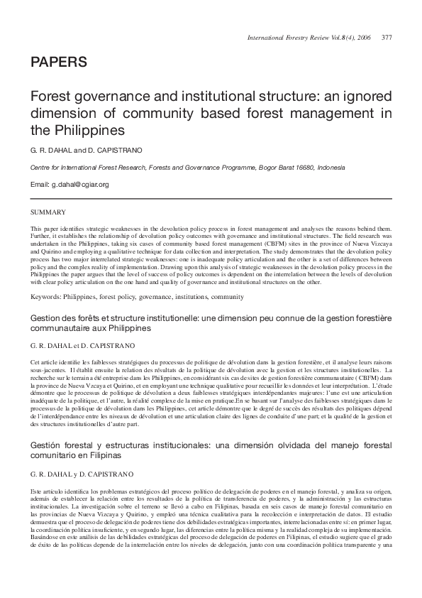 (PDF) PAPERS Forest governance and institutional structure: an ignored ...