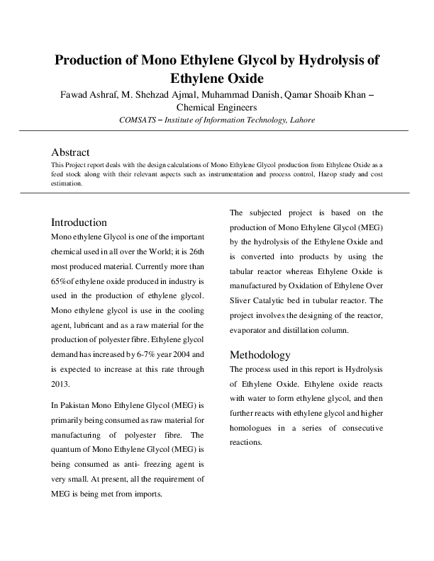 (PDF) Production of Mono Ethylene Glycol by Hydrolysis of Ethylene Oxide
