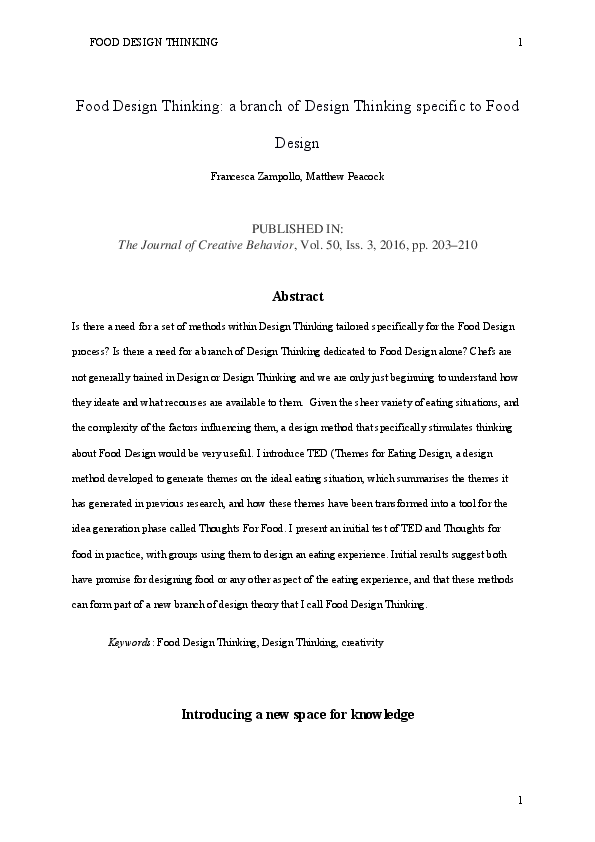 (DOC) Food Design Thinking: a branch of Design Thinking specific to ...