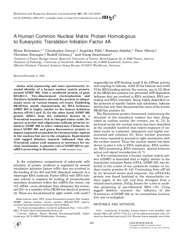 (PDF) A Human Common Nuclear Matrix Protein Homologous to Eukaryotic ...