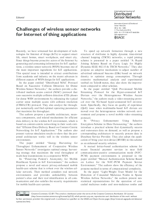 (PDF) Challenges of wireless sensor networks for Internet of thing ...