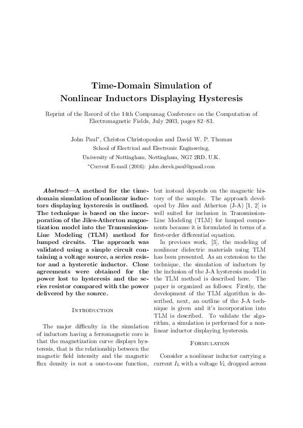 Pdf Time Domain Simulation Of Nonlinear Inductors Displaying Hysteresis