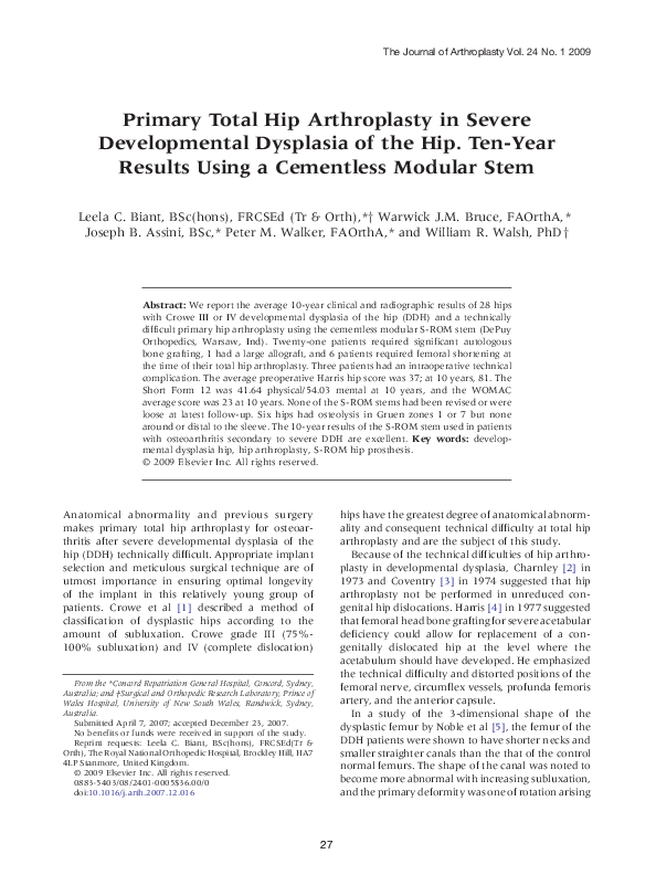 (PDF) The outcomes of total hip arthroplasty in developmental dysplasia of hip versus ...
