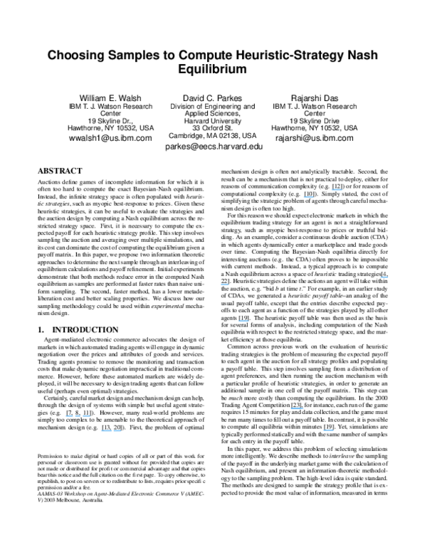 (PDF) Choosing Samples to Compute Heuristic-Strategy Nash Equilibrium | William Walsh - Academia.edu