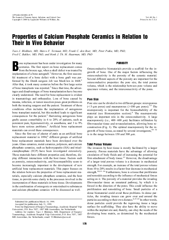 (PDF) Properties of Calcium Phosphate Ceramics in Relation to Their In Vivo Behavior