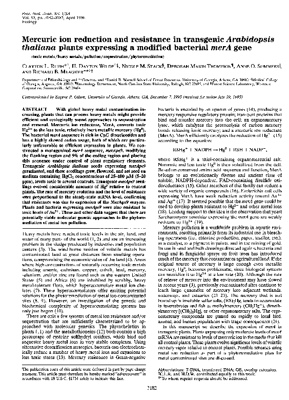 (PDF) Mercuric ion reduction and resistance in transgenic Arabidopsis ...