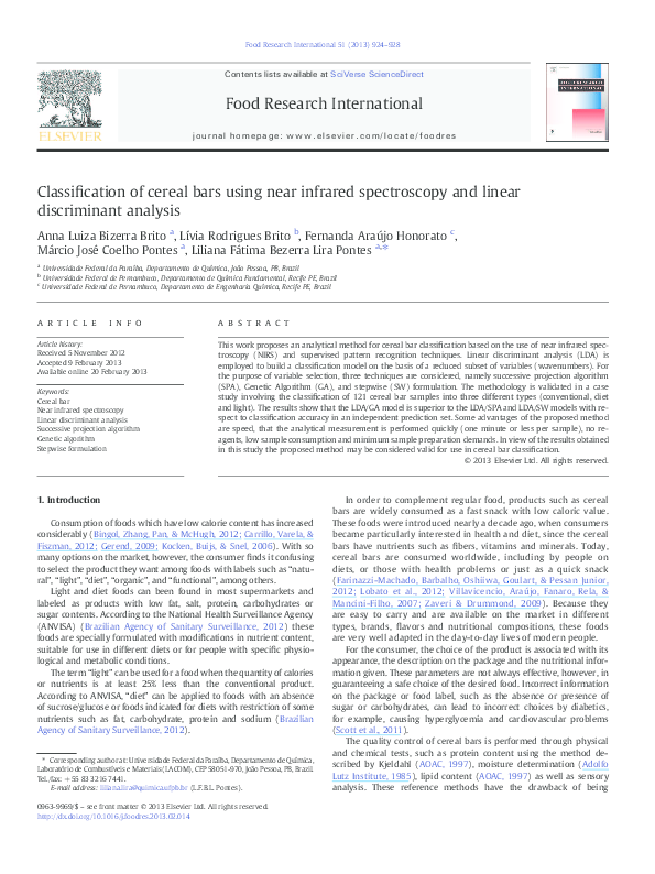(PDF) Classification of cereal bars using near infrared spectroscopy ...