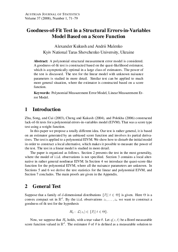 Pdf Goodness Of Fit Test In A Structural Errors In Variables Model Based On A Score Function