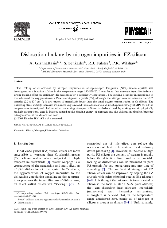 (PDF) Dislocation locking by nitrogen impurities in FZ-silicon