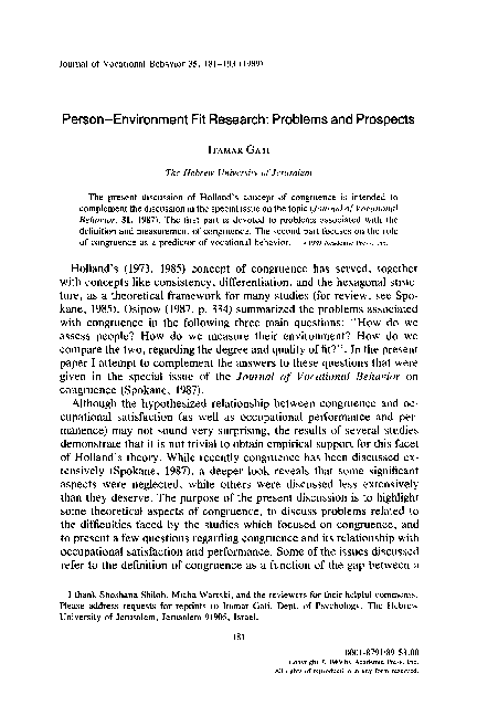 (PDF) Person-environment fit research: Problems and prospects