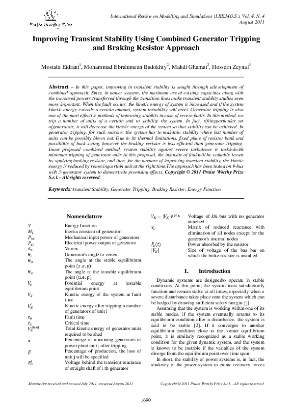 (PDF) Improving Transient Stability Using Combined Generator Tripping and Braking Resistor ...