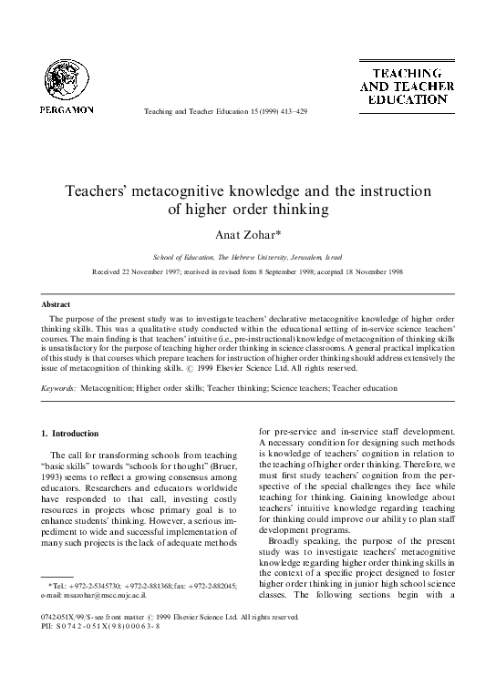Pdf Teachers Metacognitive Knowledge And The Instruction Of Higher Order Thinking