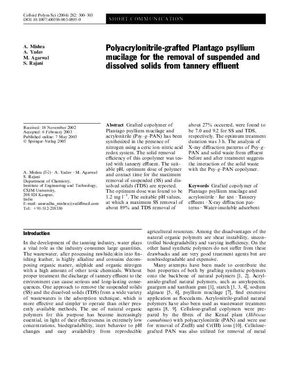 (PDF) Polyacrylonitrile-grafted Plantago psyllium mucilage for the removal of suspended and ...