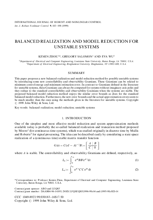 (PDF) Balanced realization and model reduction for unstable systems