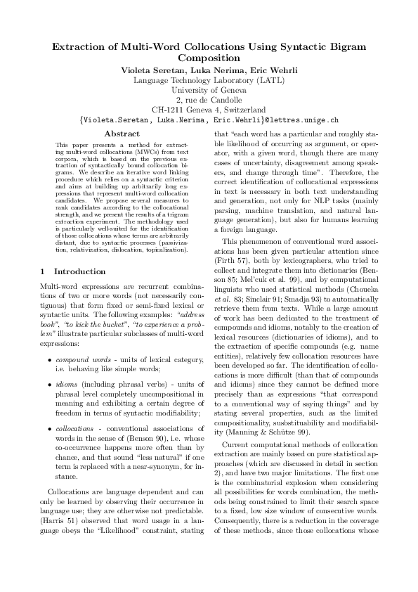 (PDF) Extraction of multi-word collocations using syntactic bigram composition