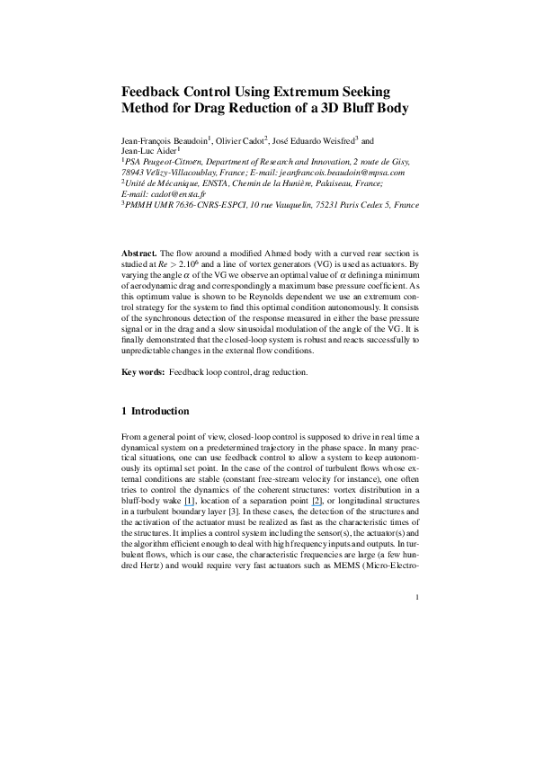 (PDF) Feedback Control Using Extremum Seeking Method for Drag Reduction of a 3D Bluff Body