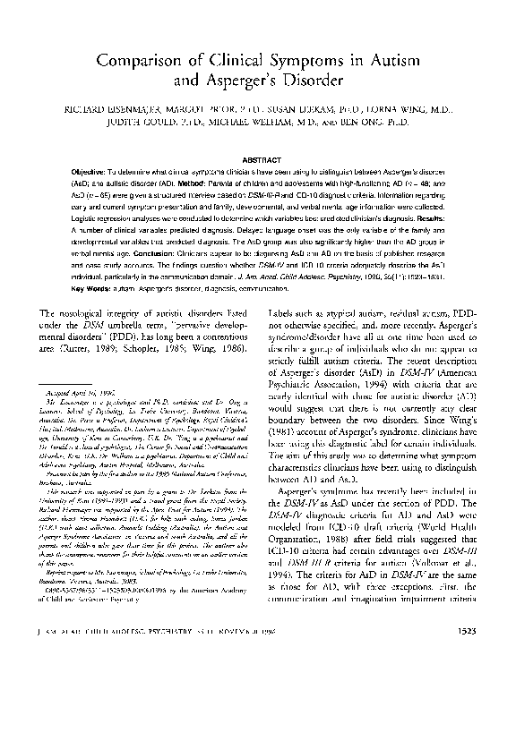 (PDF) Comparison of Clinical Symptoms in Autism and Asperger's Disorder