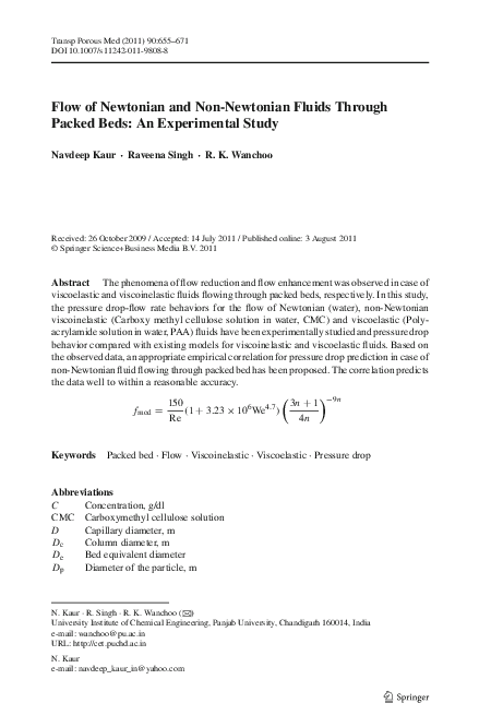 (PDF) Flow of Newtonian and Non-Newtonian Fluids Through Packed Beds: An Experimental Study