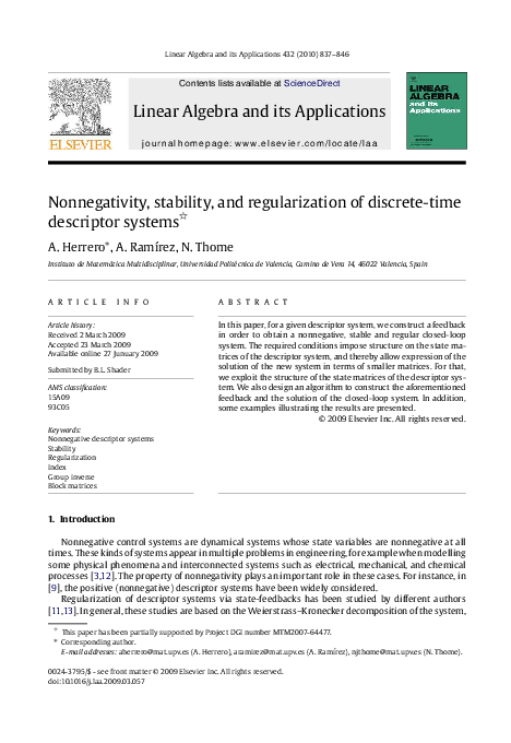 (PDF) Nonnegativity, stability, and regularization of discrete-time descriptor systems