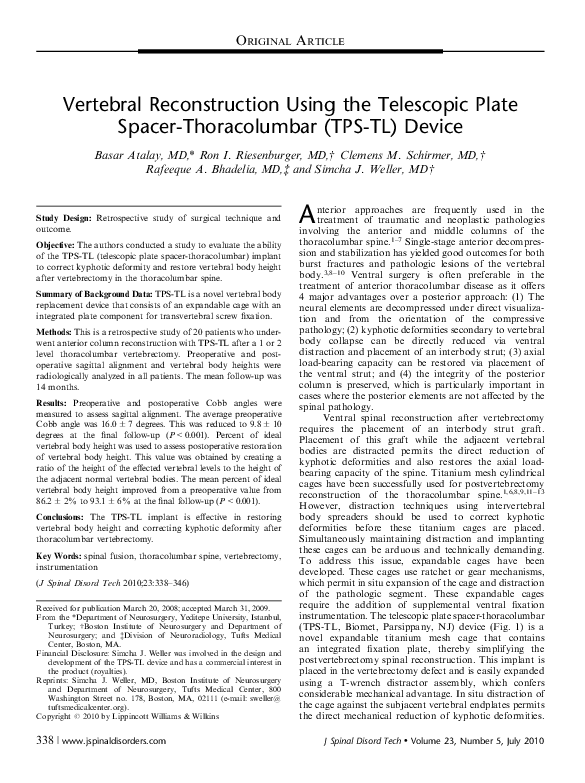 (PDF) Vertebral Reconstruction Using the Telescopic Plate Spacer ...