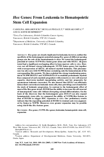 (PDF) Hox Genes: From Leukemia to Hematopoietic Stem Cell Expansion