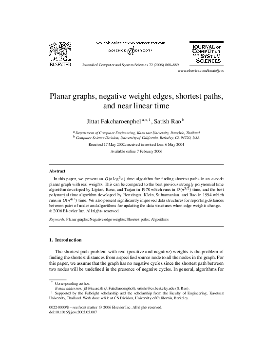 (PDF) Planar Graphs, Negative Weight Edges, Shortest Paths, Near Linear ...