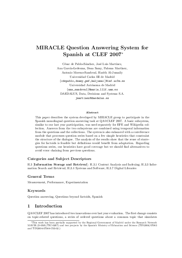 (PDF) MIRACLE Question Answering System for Spanish at CLEF 2007