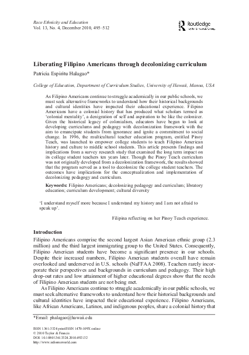 (PDF) Liberating Filipino Americans through decolonizing curriculum