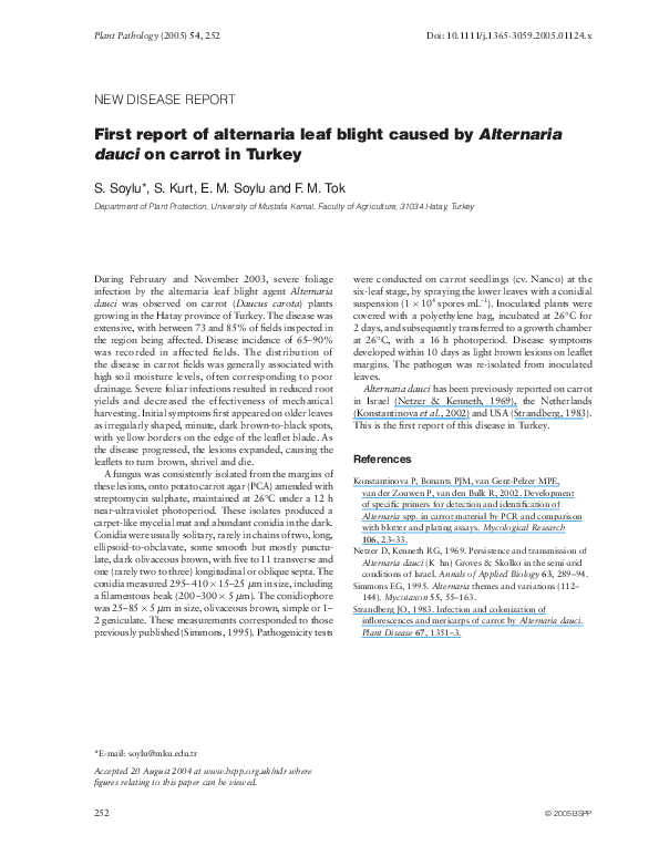 (PDF) First report of alternaria leaf blight caused by Alternaria dauci on carrot in Turkey