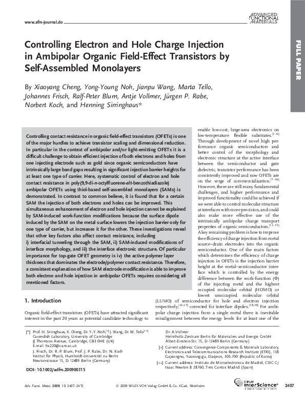 (PDF) Controlling Electron and Hole Charge Injection in Ambipolar Organic Field-Effect ...