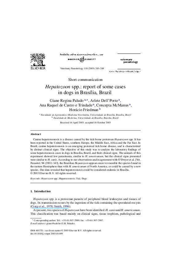 (PDF) Hepatozoon spp.: report of some cases in dogs in Brası́lia, Brazil