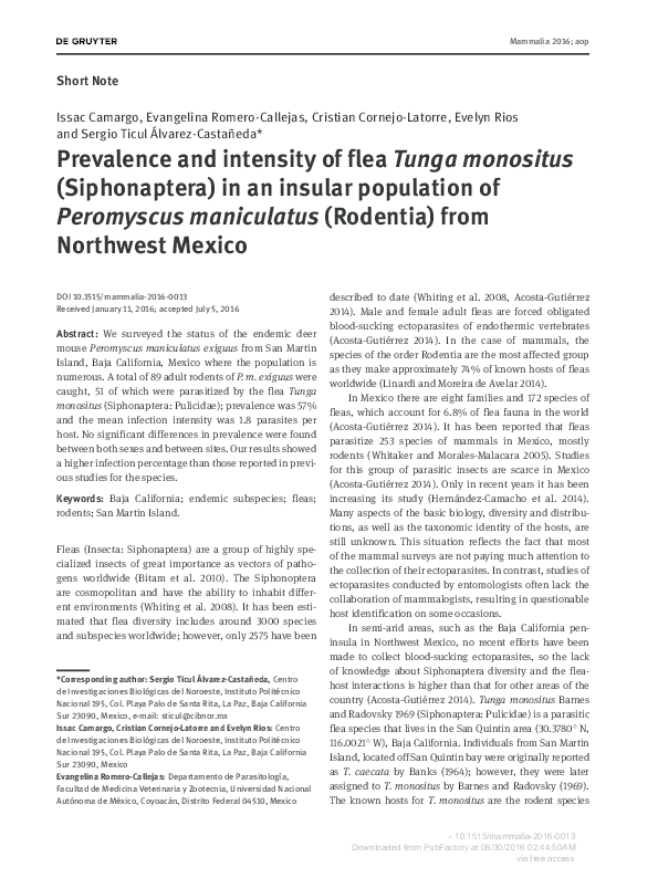 (PDF) Prevalence and intensity of flea Tunga monositus (Siphonaptera ...