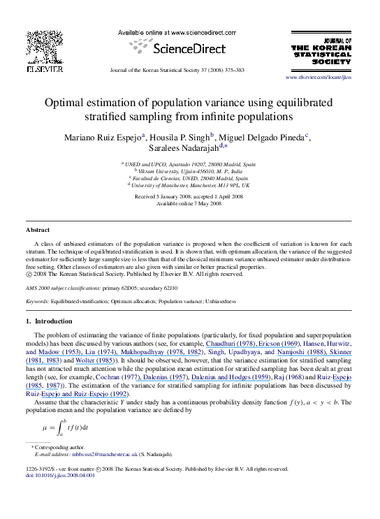 (PDF) Optimal estimation of population variance using equilibrated stratified sampling from ...