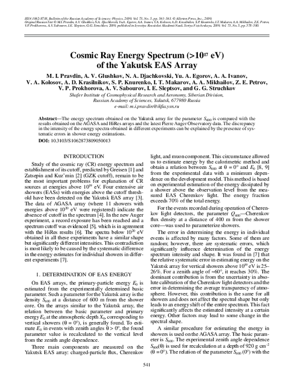 (PDF) Cosmic ray energy spectrum (>10 17 eV) of the Yakutsk EAS array