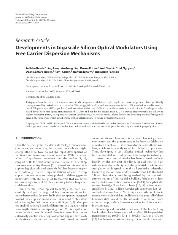 (PDF) Developments in Gigascale Silicon Optical Modulators Using Free ...