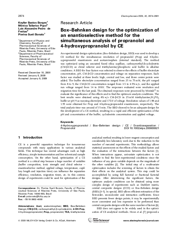(PDF) Box-Behnken design for the optimization of an enantioselective method for the simultaneous ...