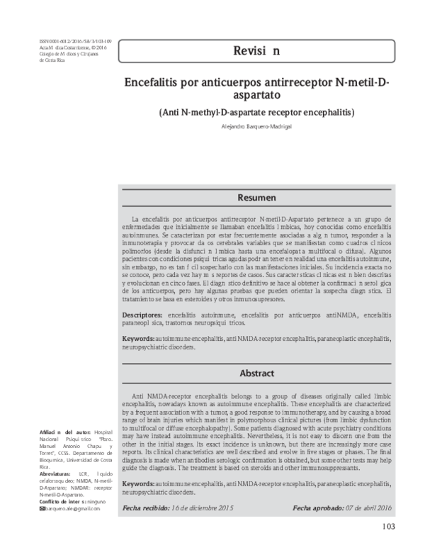 (PDF) Encefalitis por anticuerpos antirreceptor N-metil-D- aspartato ...