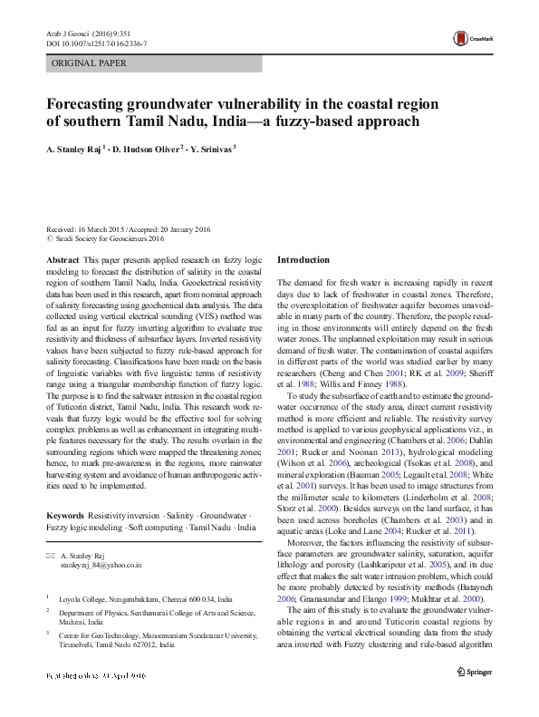 (PDF) Forecasting groundwater vulnerability in the coastal region of southern Tamil Nadu, India ...