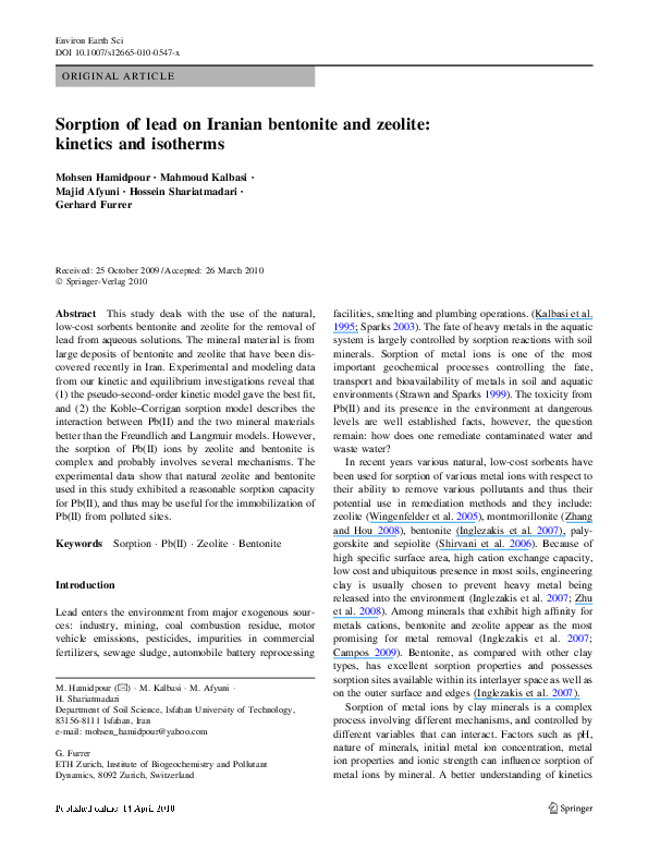 (PDF) Sorption of lead on Iranian bentonite and zeolite: kinetics and ...