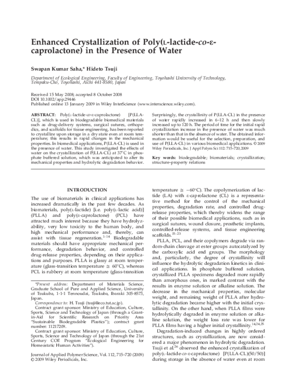 (PDF) Enhanced crystallization of poly(L-lactide-co-ɛ-caprolactone) during storage at room ...