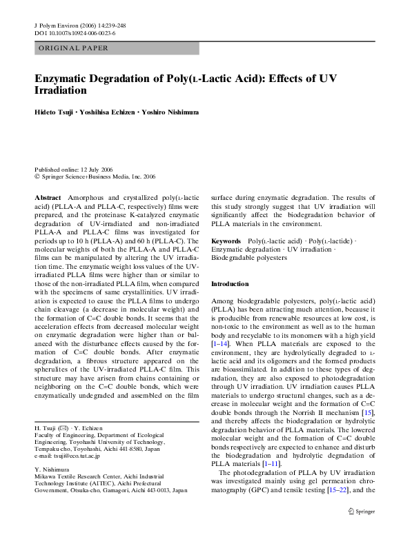 (PDF) Enzymatic Degradation of Poly(l-Lactic Acid): Effects of UV ...