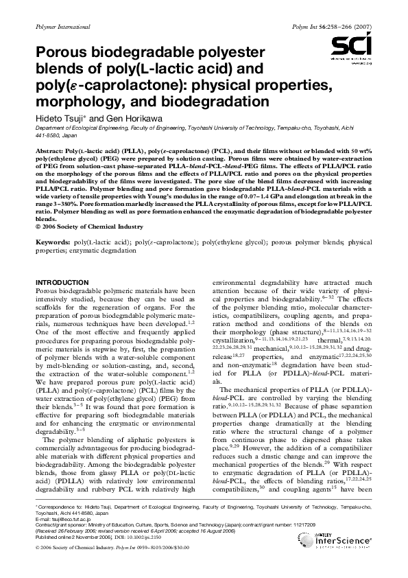 (PDF) Porous biodegradable polyester blends of poly(L-lactic acid) and poly(ɛ-caprolactone ...