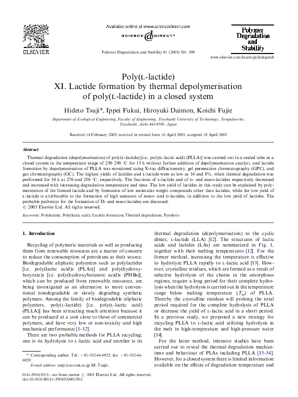 (PDF) Poly(L-lactide) XI. Lactide formation by thermal depolymerisation ...