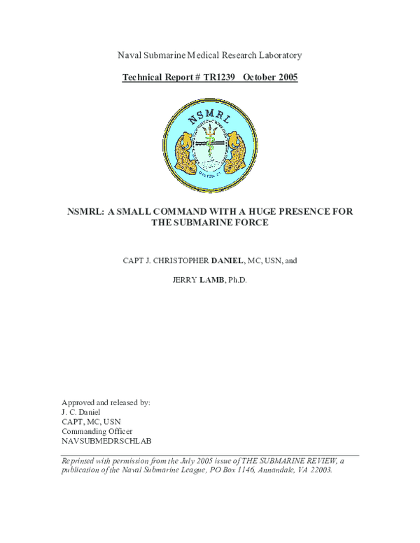 (PDF) NSMRL: A Small Command with A Huge Presence for the Submarine Force