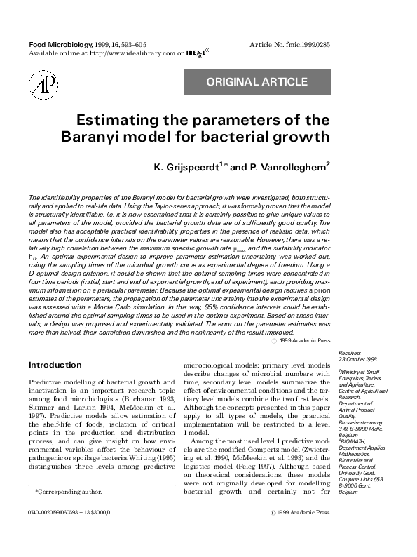 (PDF) Estimating the parameters of the Baranyi model for bacterial growth