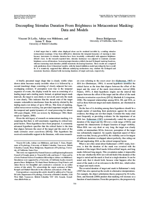 (PDF) Decoupling Stimulus Duration From Brightness in Metacontrast Masking: Data and Models